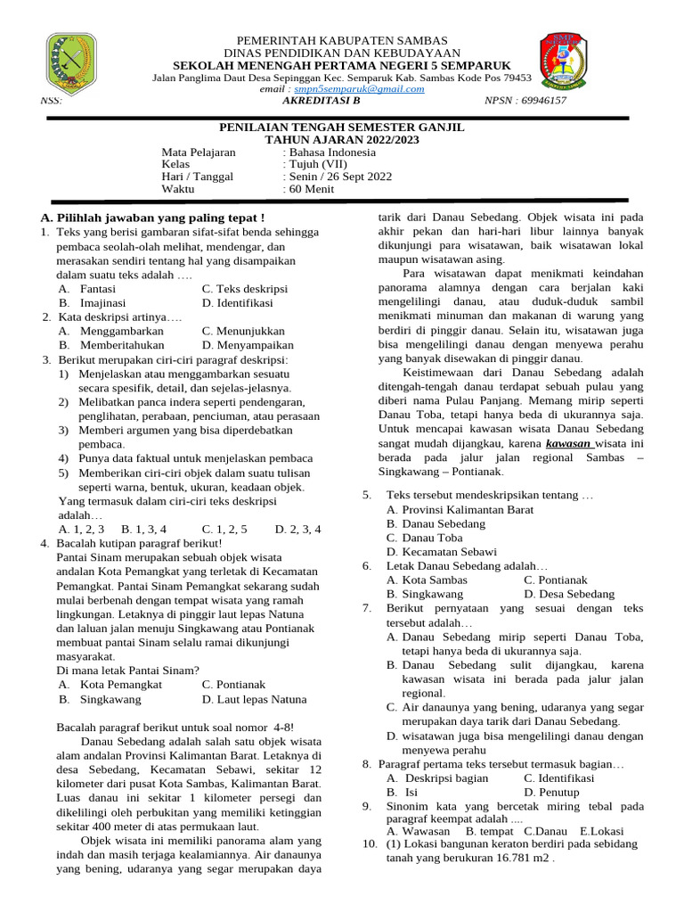 Soal Uts B.indo Kelas 7 | PDF