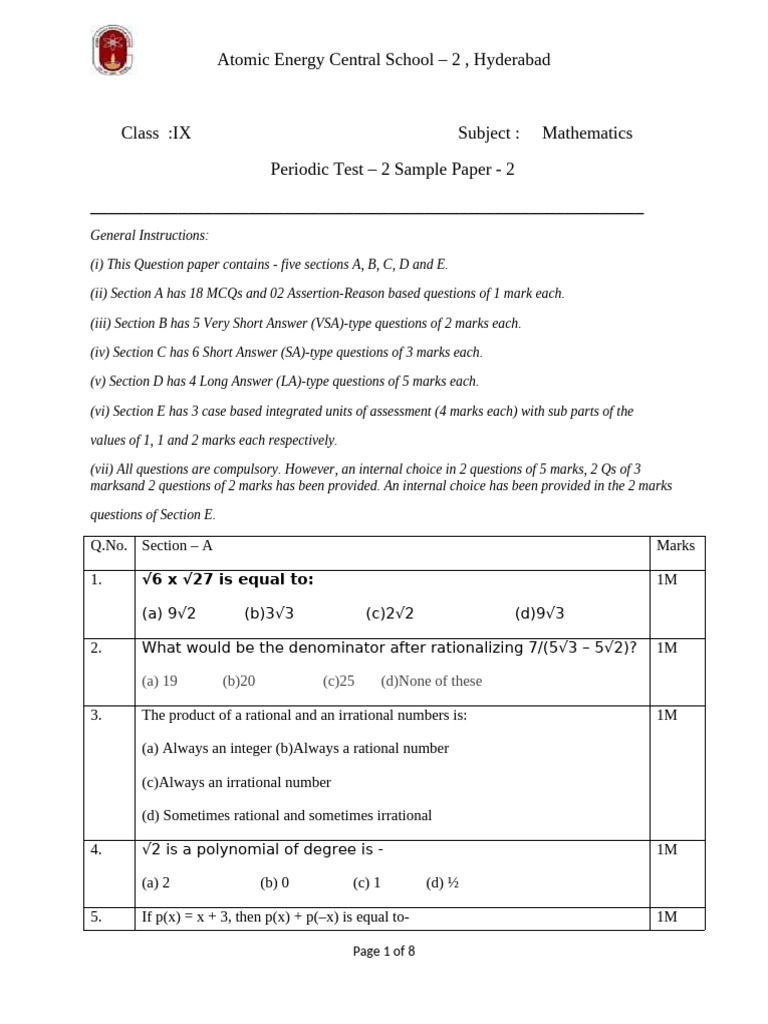 Class 9 Math PT-2 Practice Paper | PDF