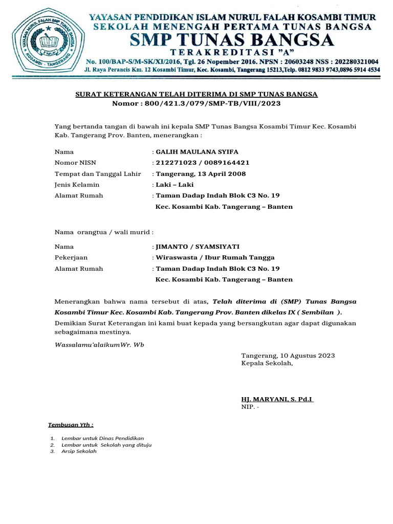 Surat Keterangan Telah Diterima Di Sekolah SMP TB Tahun Pelajaran 2022-2023 New2 | PDF