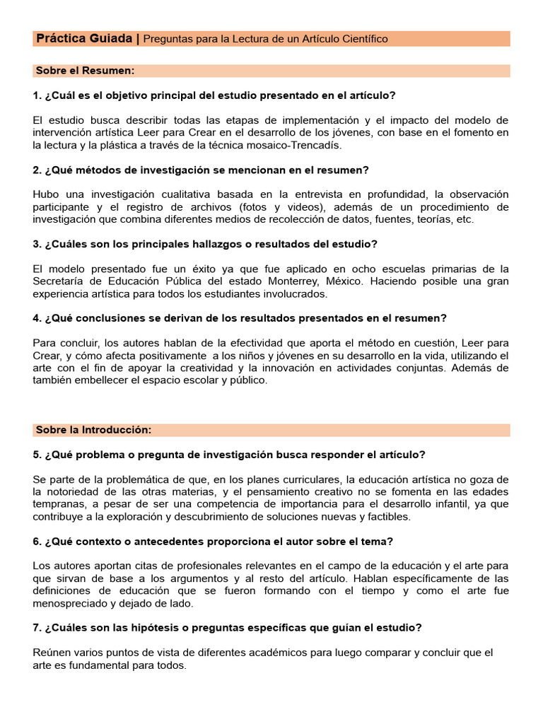 Pr-Ctica Guiada Preguntas para La Lectura de Un Art-Culo Cient-Fico | PDF