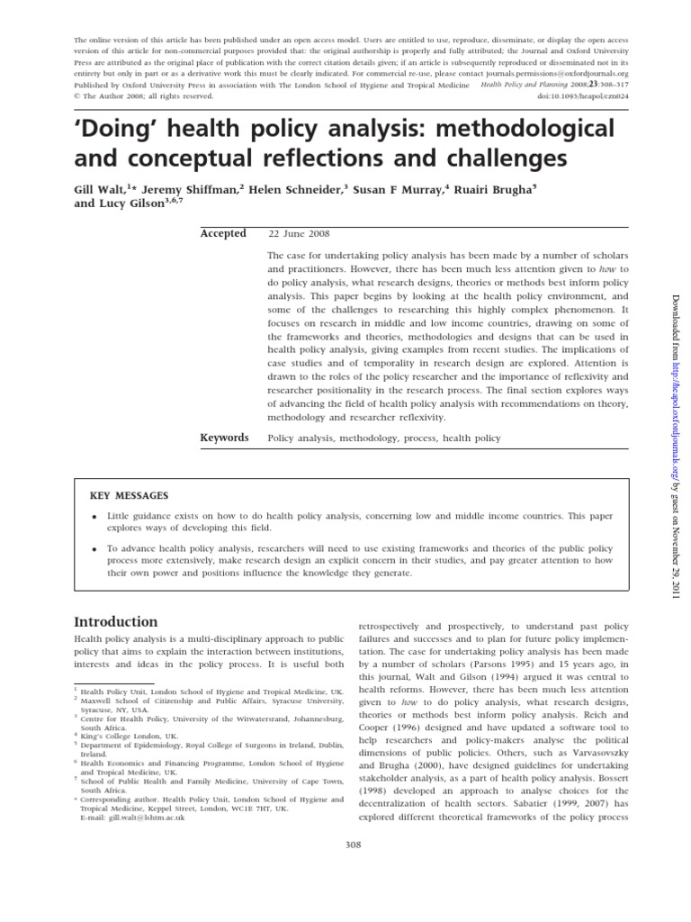 Health Policy Analysis - Methodological and Conceptual Reflections and ...