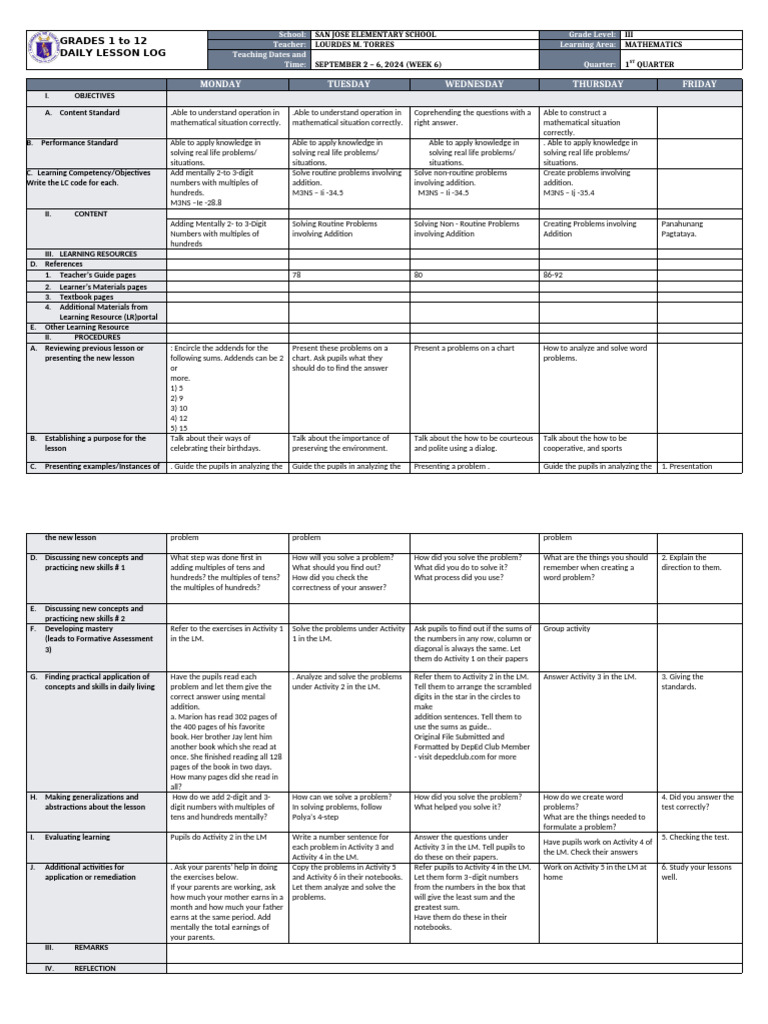 DLL - Mathematics 3 - Q1 - W6 | PDF
