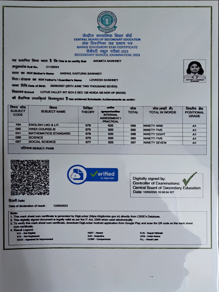 Anumita Sawhney CLAT Registration 10th Marksheet | PDF