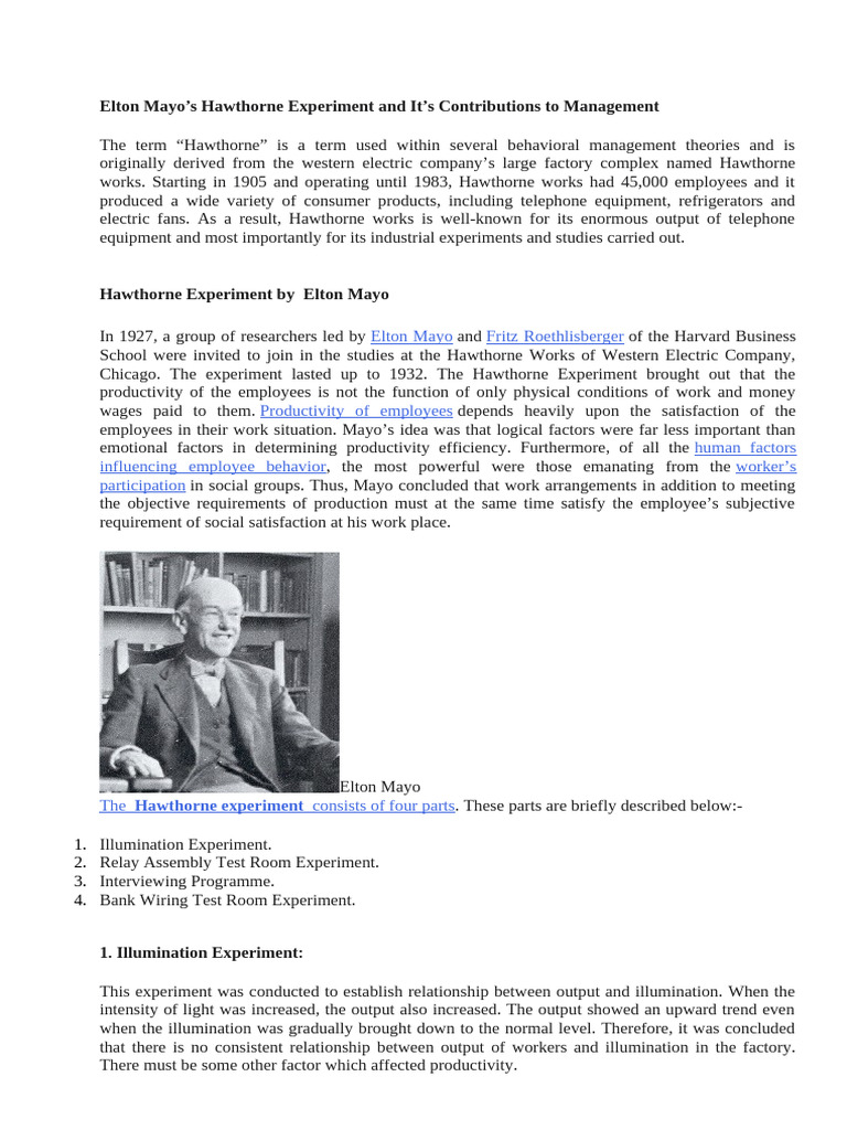 Elton Mayo's Hawthorne Studies Explained | PDF | Experiment | Career ...