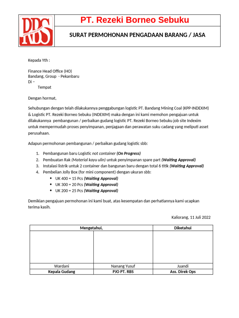 Form Pengajuan Renovasi Gudang | PDF
