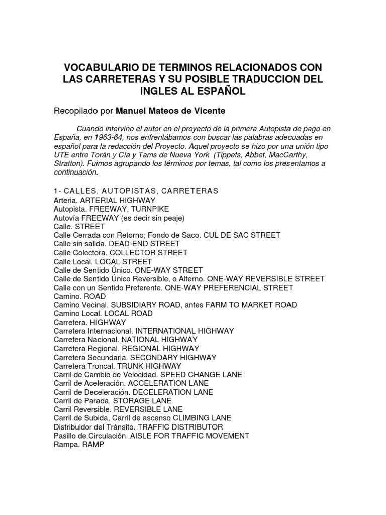Vocabulario Inglés-Español Carreteras | PDF | Calle | Autobús