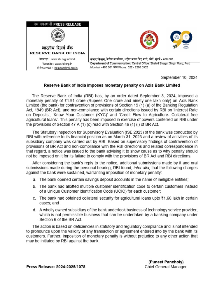 RBI Press Release Imposing Penalty On 2 Leading Banks 1725980940 | PDF