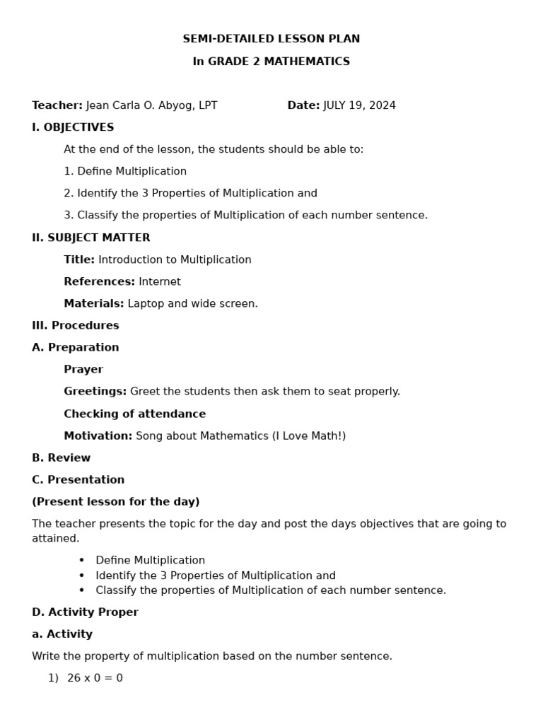 Semi Detailed Lesson Plan Math - Grade 2 | PDF