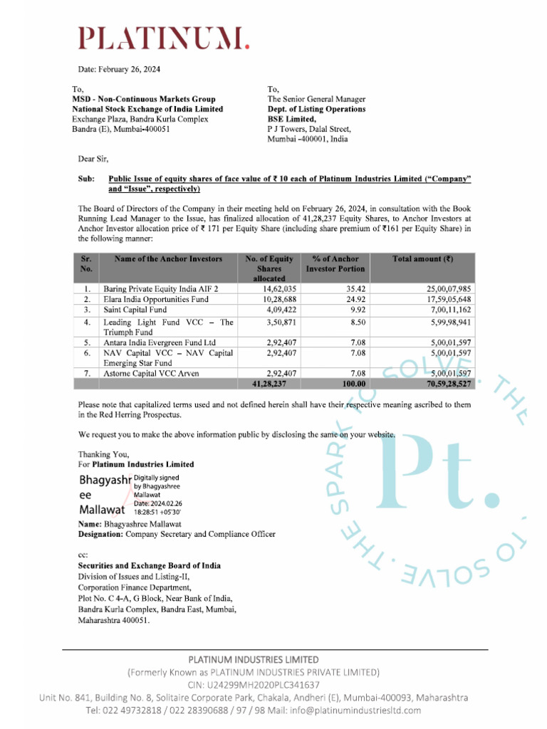 Anchor Intimation | PDF