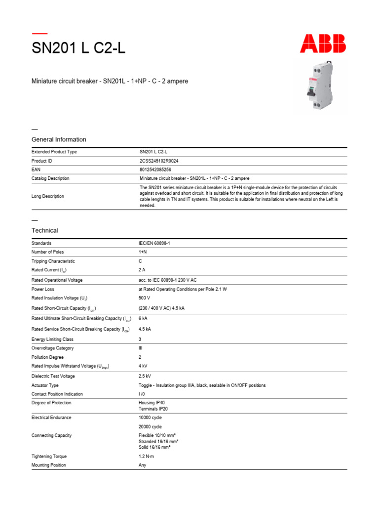 Miniature Circuit Breaker - SN201L - 1+NP - C - 2 Ampere | PDF