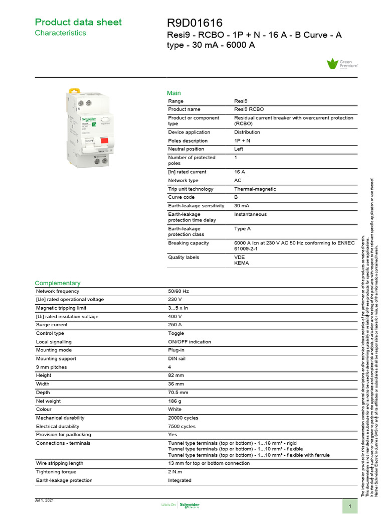 Product Data Sheet: Resi9 - RCBO - 1P + N - 16 A - B Curve - A Type ...