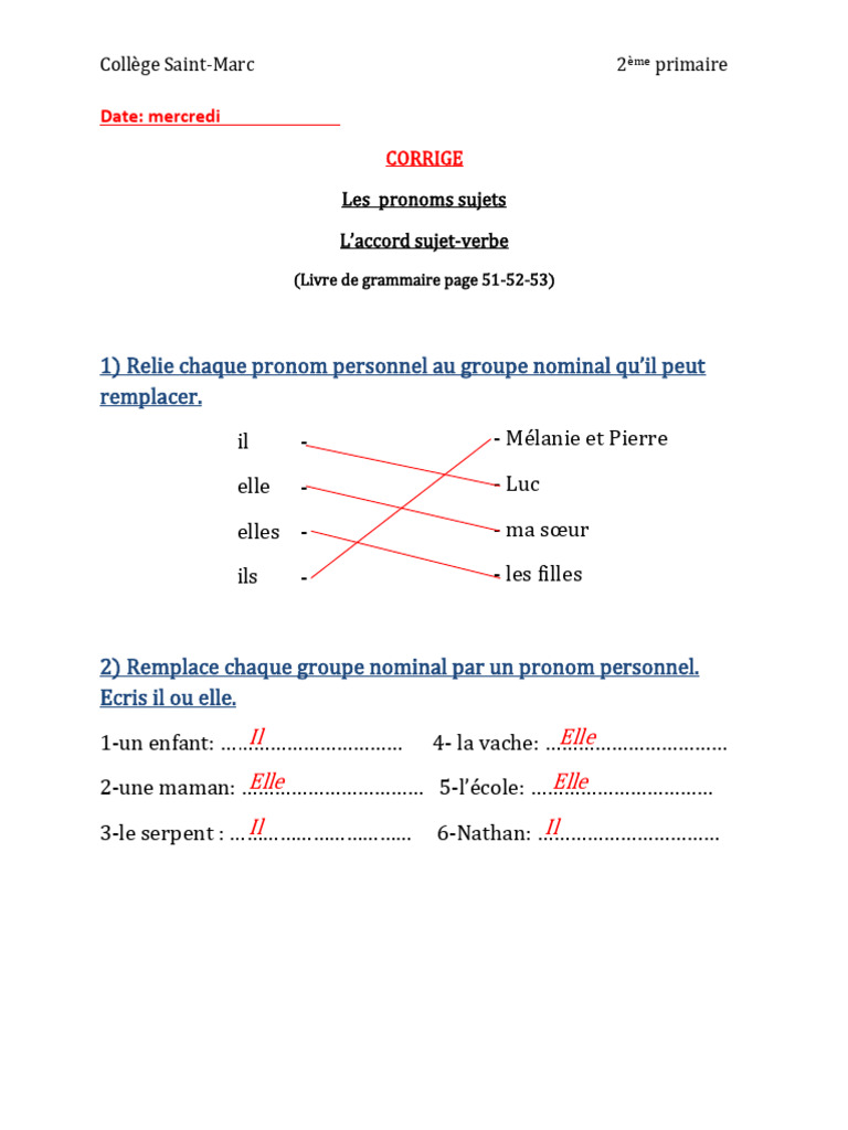 2eme - CORRIGE - Les - Pronoms - Sujets - Explication | PDF