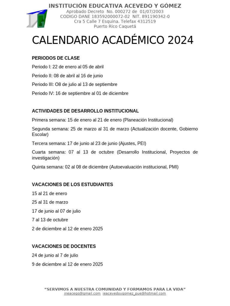 Calendario Escolar 2024 | PDF