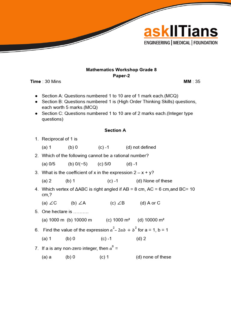Mathematics Workshop Grade 8, Paper-2, Questions.docx | PDF