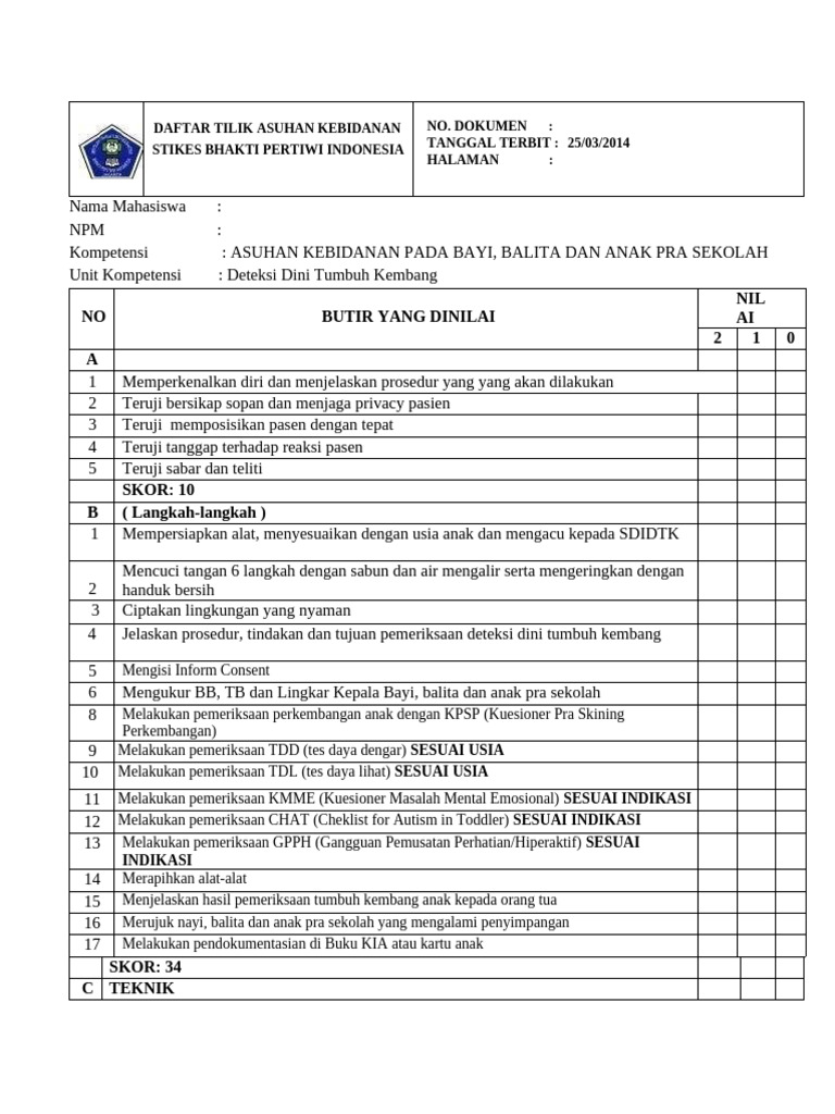 Daftar Tilik Deteksi Dini Tumbuh Kembang Anak | PDF