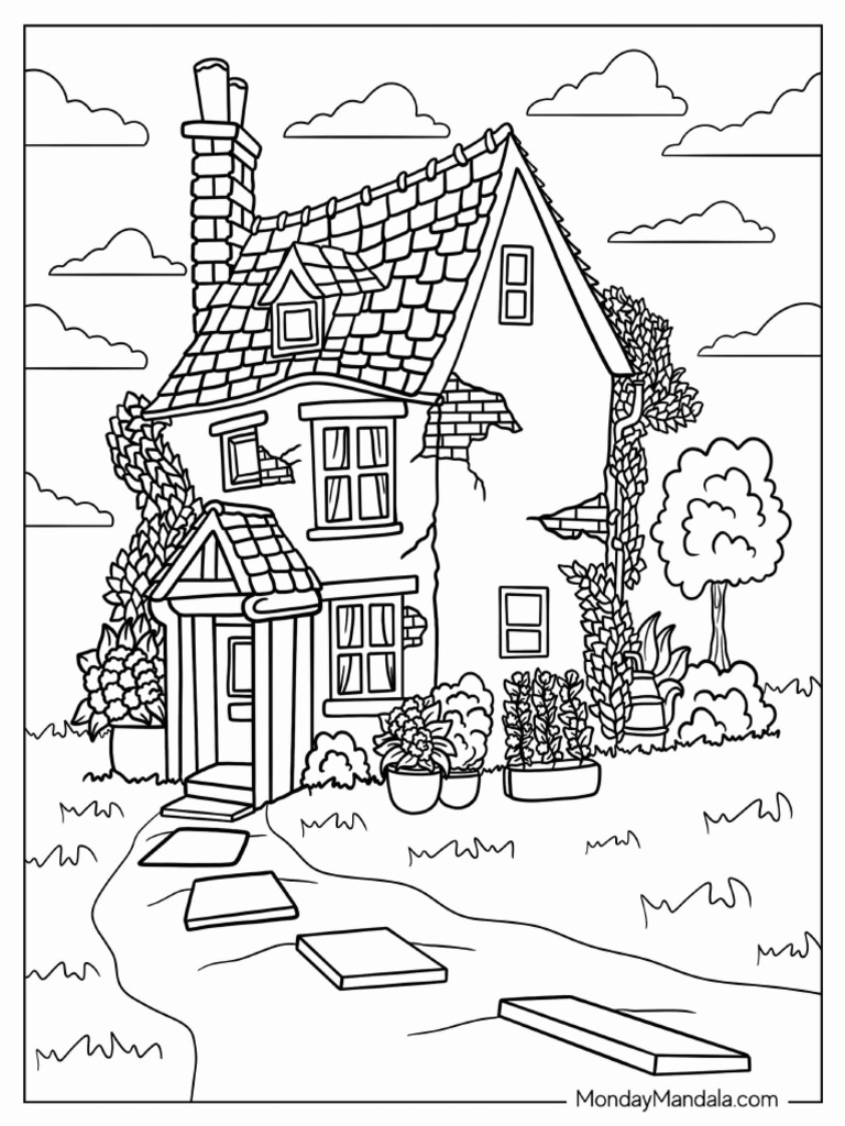 Old Two Storey House Covered in Vines Coloring Sheet | PDF
