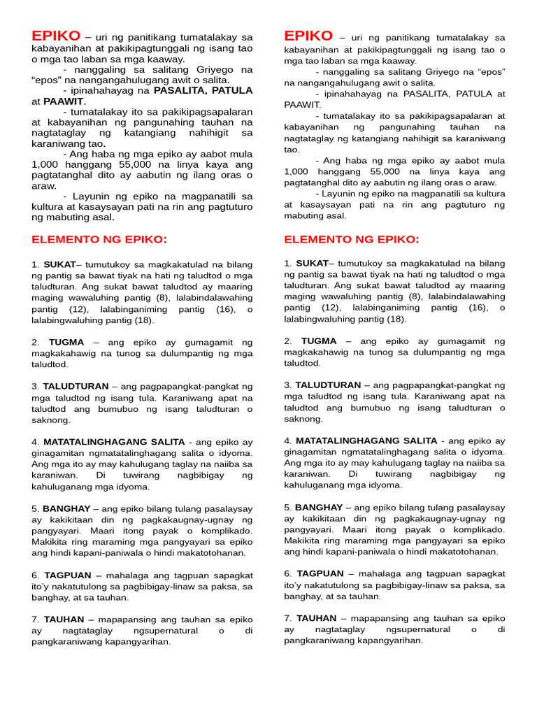 Epiko Elemento Handout | PDF | Languages Of Southeast Asia | Philippines