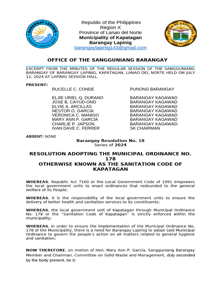 Brgy Reso Adopting Mun Ord No. 178 | PDF