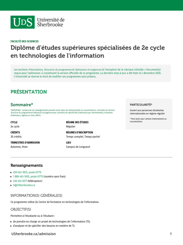 UdeS Programme 537 Diplome Detudes Superieures Specialiseesde 2e Cycle en Technologies de ...