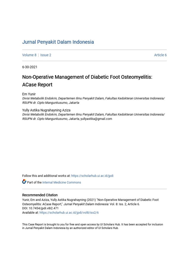 Non-Operative Care for Diabetic Osteomyelitis | PDF | Medical ...