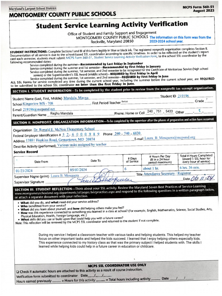 SSL Form - McNair Volunteering - Mavya Mandala | PDF