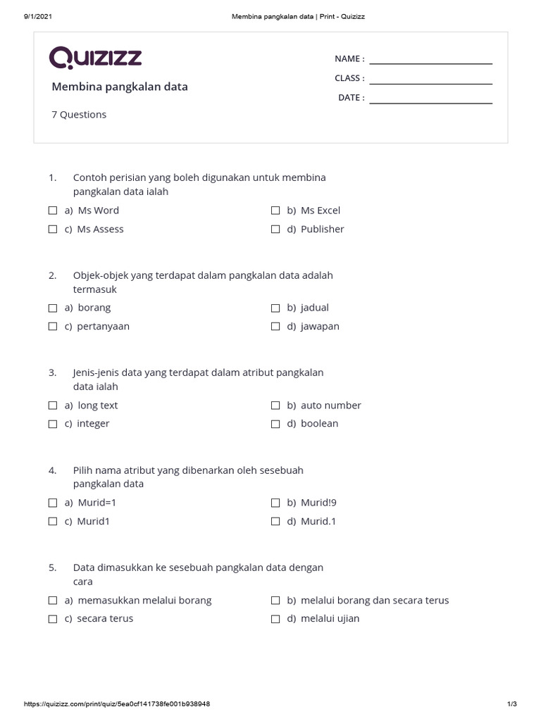 Membina Pangkalan Data - Print - Quizizz | PDF