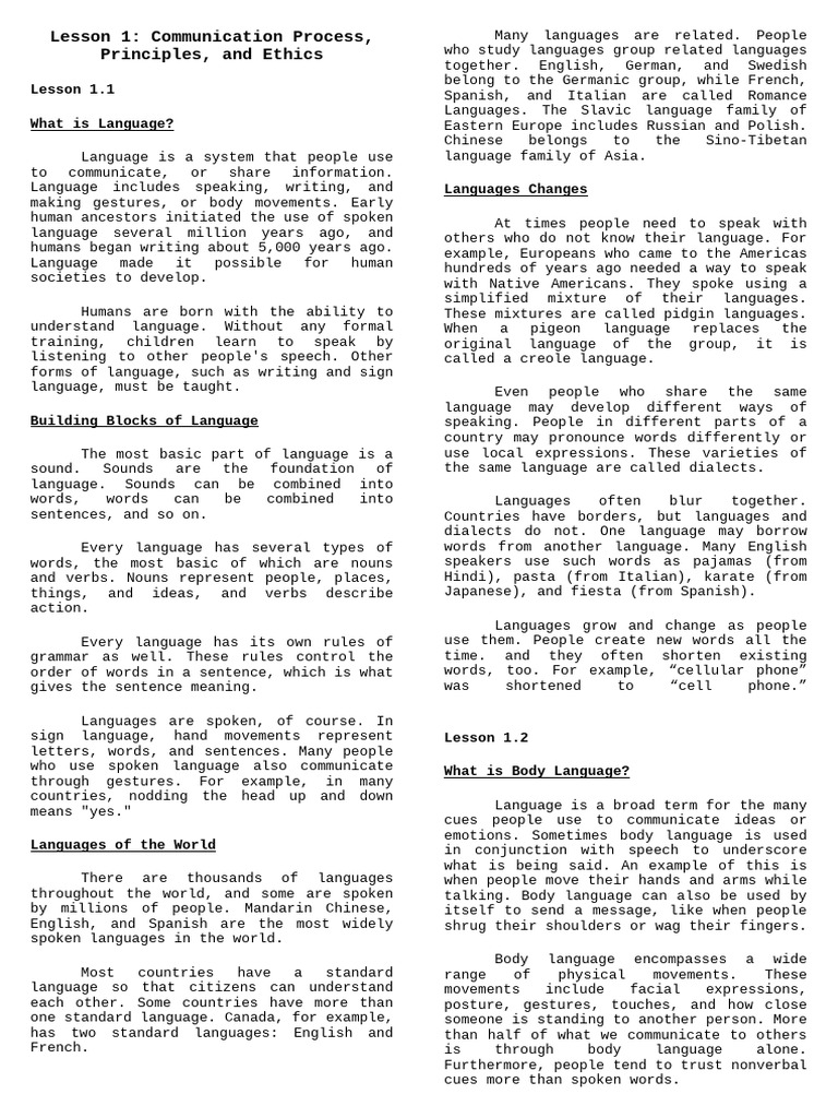 Lesson 1 Communication Process Principles And Ethics Pdf