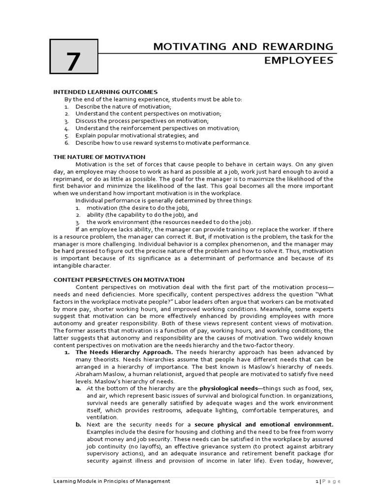 Chapter 7 Motivating and Rewarding Employees 1 | PDF