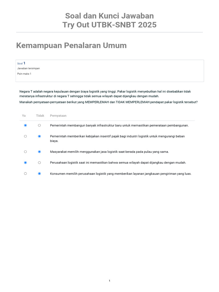 Soal Dan Kunci Jawaban Try Out UTBK 2025 | PDF
