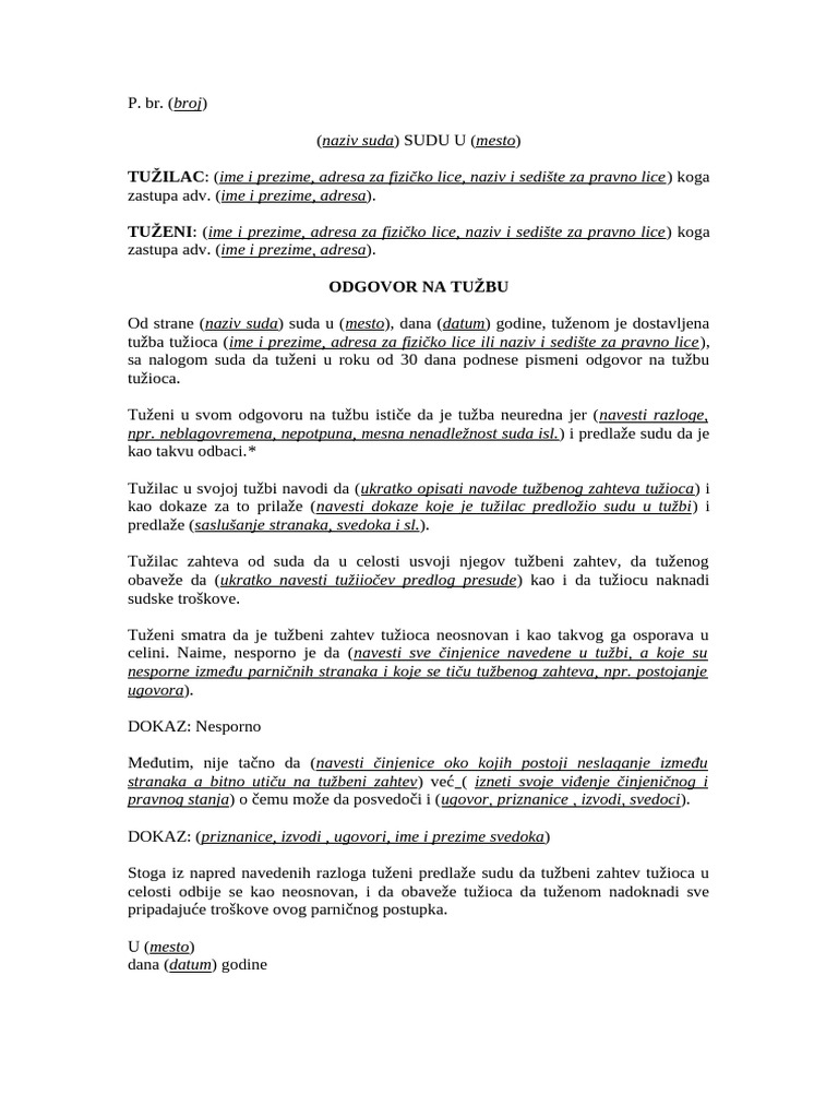 Odgovor Na Tužbu | PDF