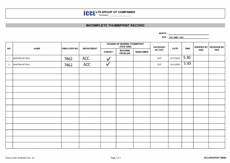 Incomplete Thumbprint Record Form (ACCOUNT) | PDF