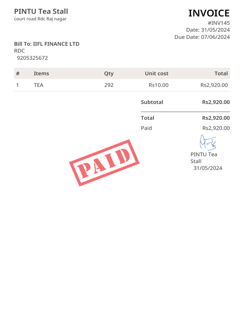 Invoice: PINTU Tea Stall | PDF