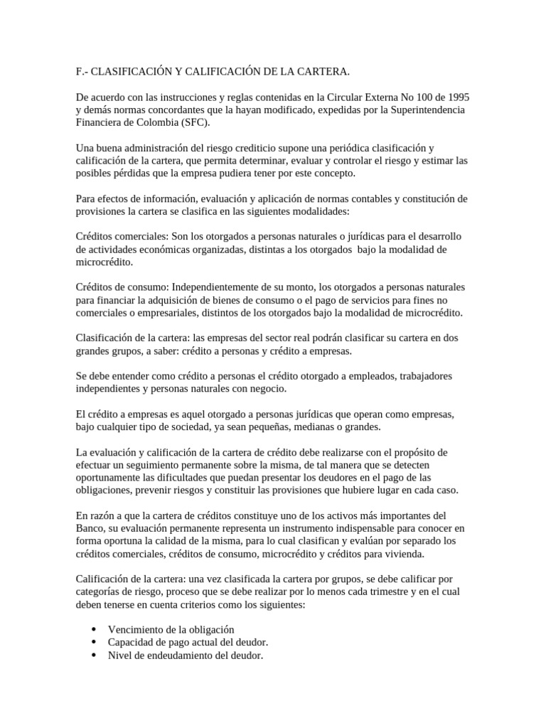 Clasificación y Calificación de la Cartera | PDF