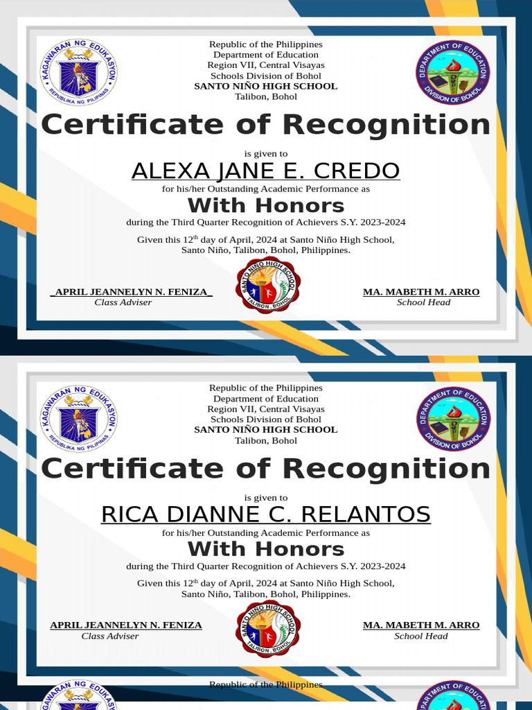 2023 2024 Certificate of Recognition Honors and Perfect Attendance | PDF