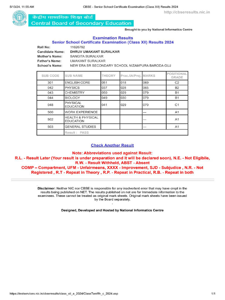 CBSE - Senior School Certificate Examination (Class XII) Results 2024 | PDF