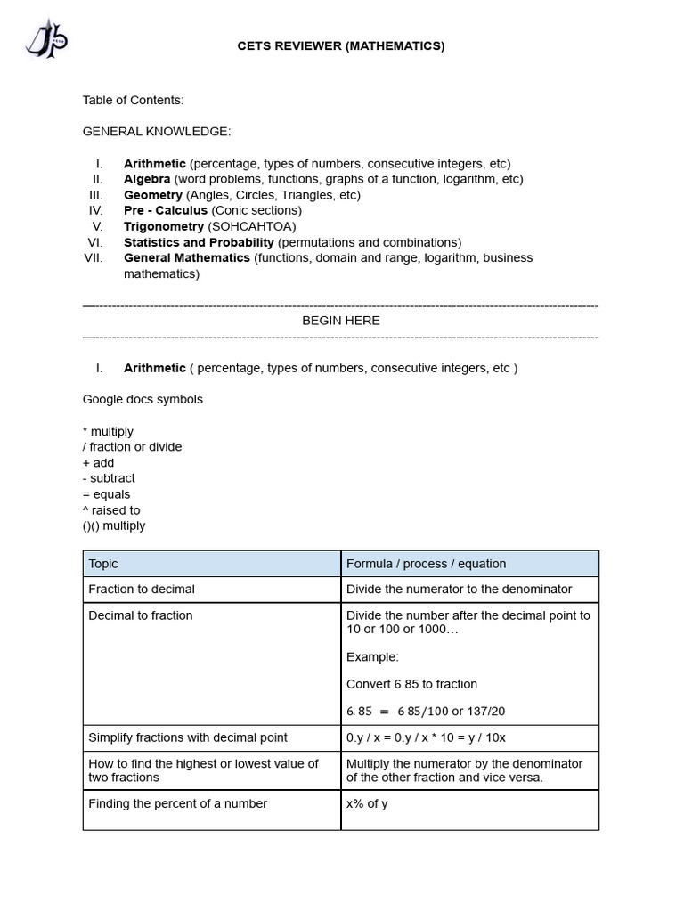 Math Cets Reviewer 2023 | PDF | Trigonometric Functions | Area