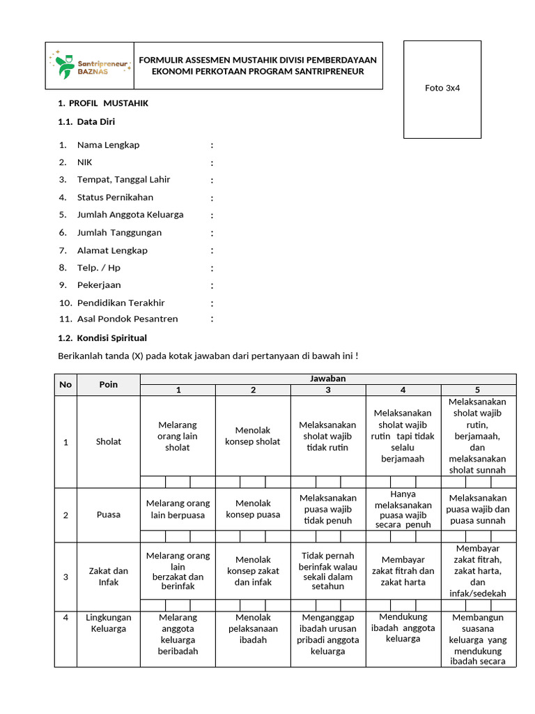 Formulir Asesmen Program Santripreneur Peserta | PDF