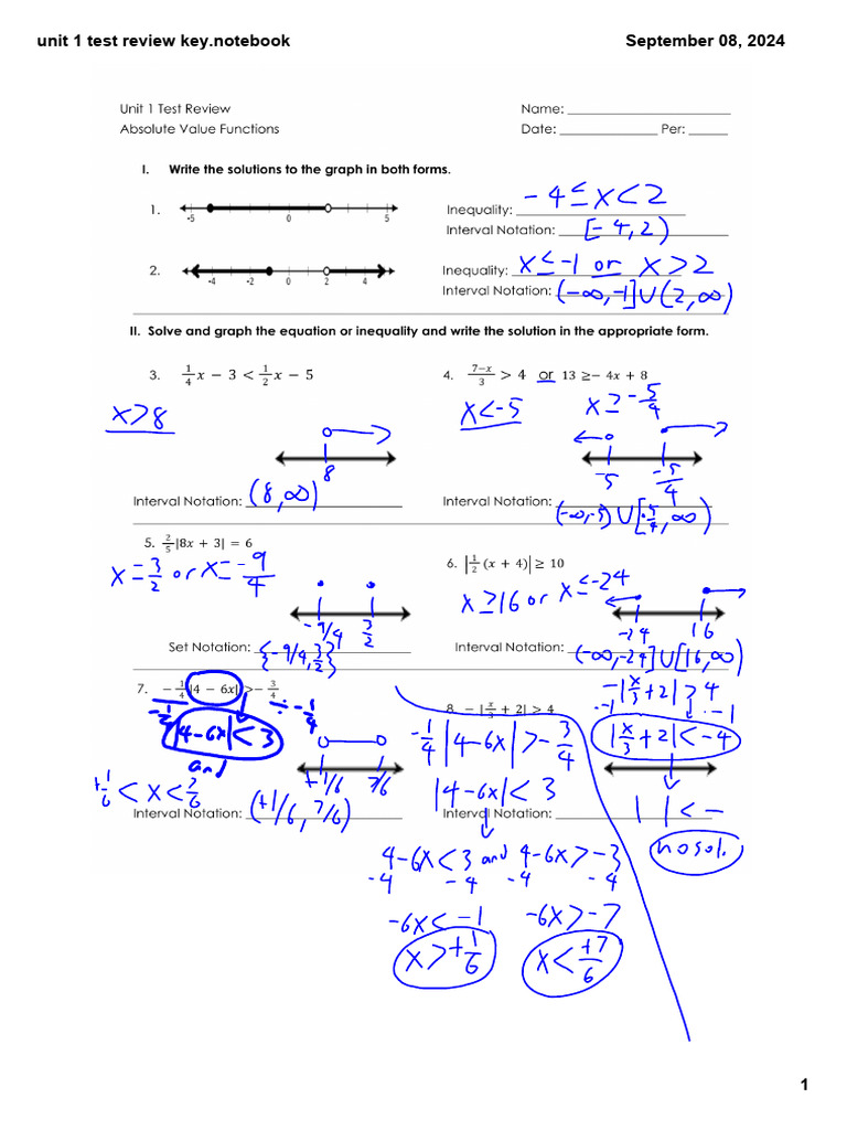 Unit 1 Test Review Key | PDF