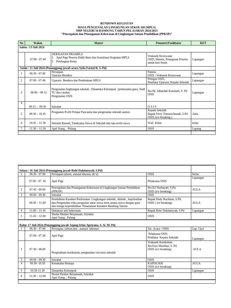 Rundown Kegiatan MPLS 2425 | PDF