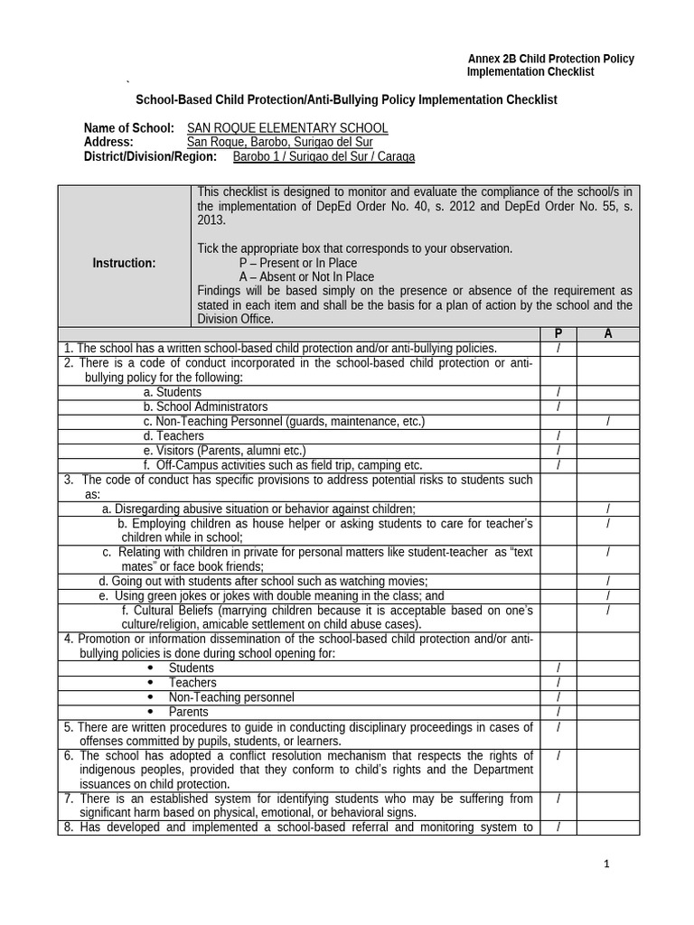 Annex 2B-Child-Protection-Policy-Implementation-Checklist | PDF