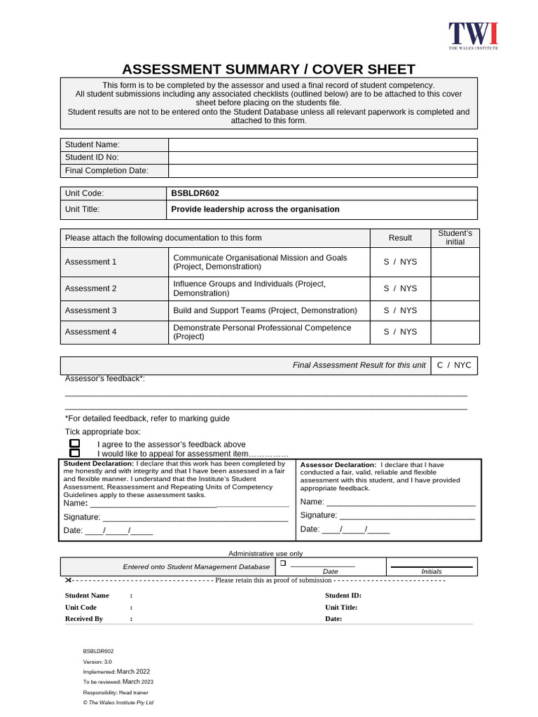 BSBLDR602 Assessment Summary Cover Sheet | PDF