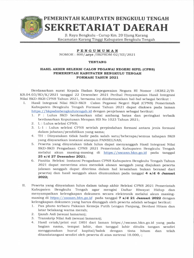 Pengumuman Hasil Akhir CPNS 2021 Pemerintah Kab. Bengkulu Tengah 3 | PDF