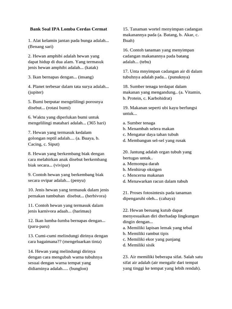 Bank Soal IPA Lomba Cerdas Cermat SD Tingkat Desa Kecamatan Tiga Panah | PDF