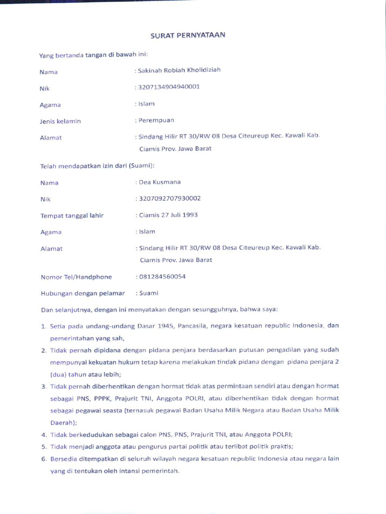 Surat Pernyataan Sakinah | PDF