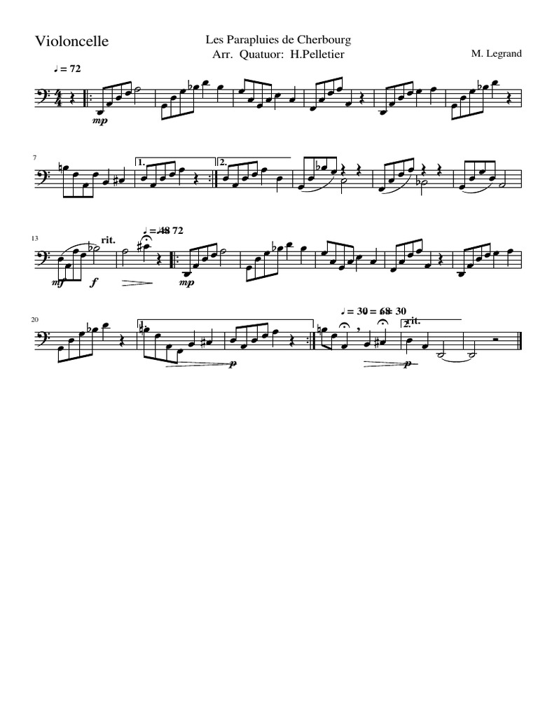 Violoncelle: Les Parapluies de Cherbourg Arr. Quatuor: H.Pelletier | PDF