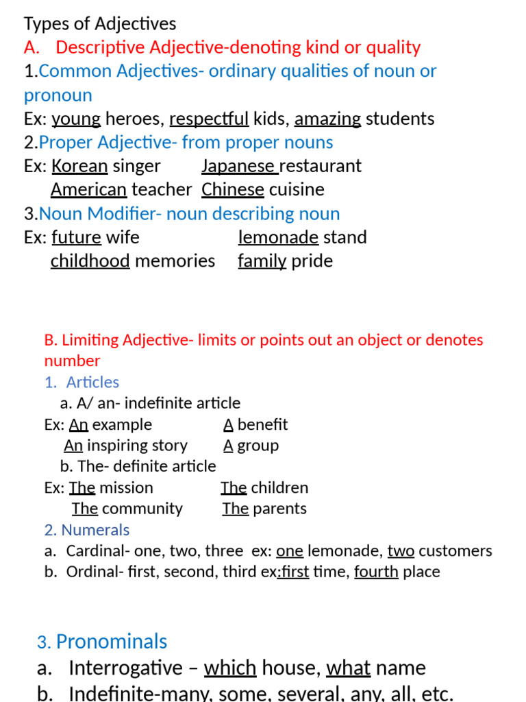 Types of Adjectives Demonstrative, Limiting, Pronominals | PDF