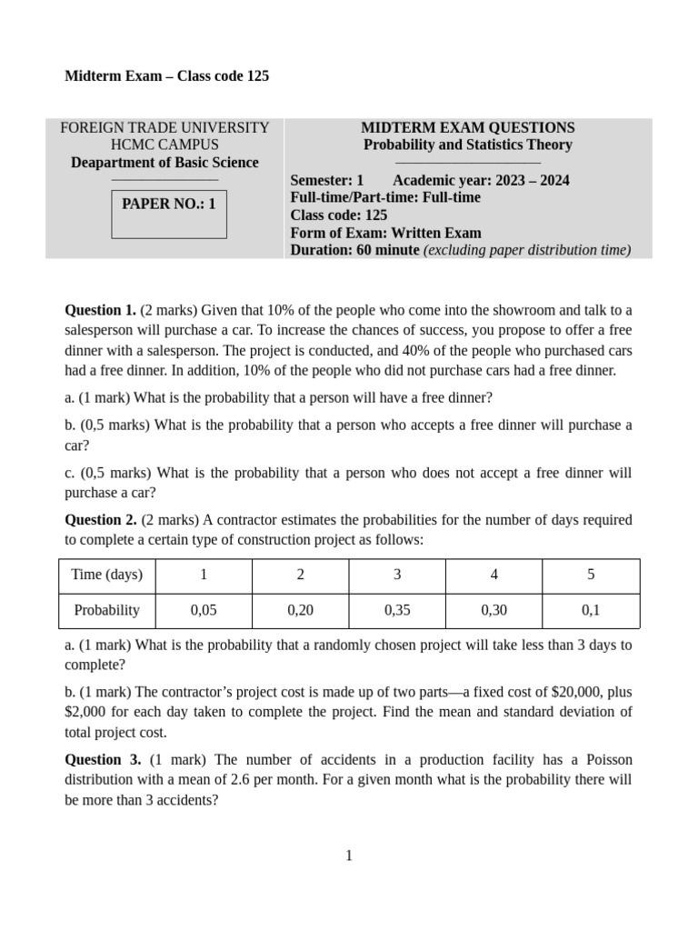 Midterm-Probability and Statistics-Class Code 125 | PDF