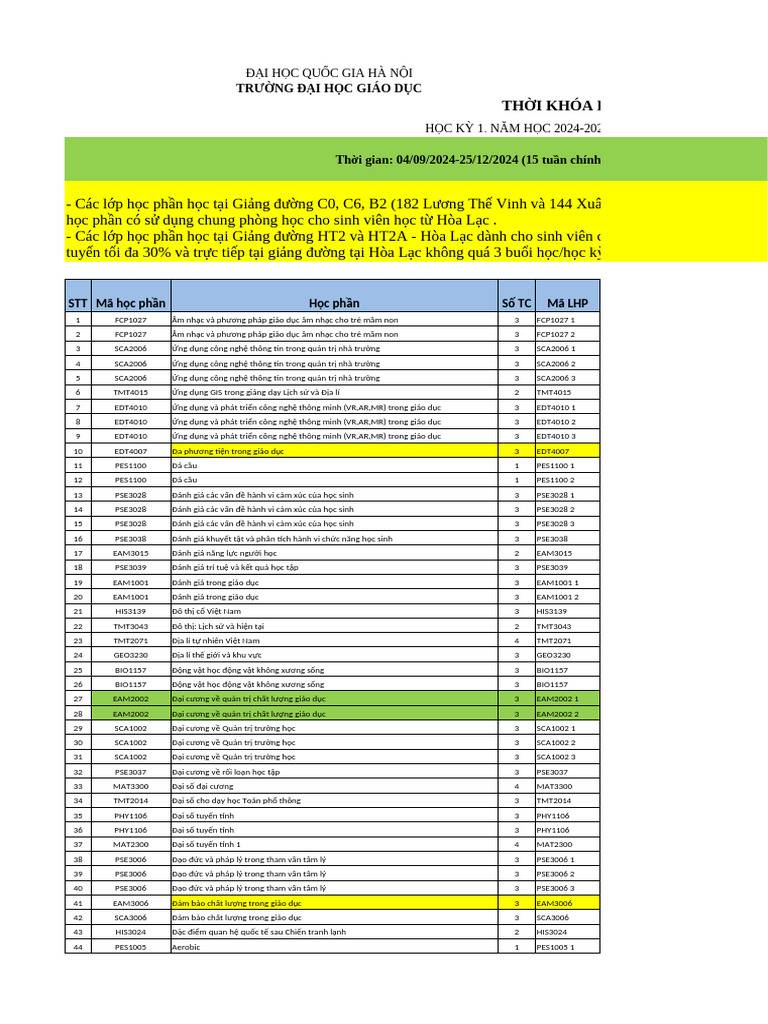 TKB 5.9 Học Kỳ 241 | PDF