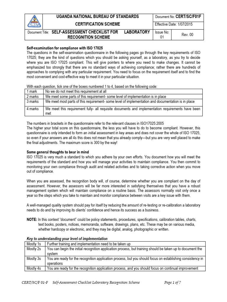 CERT-SC-F 01-F Self Assessment Checklist Laboratory Recognition Scheme ...