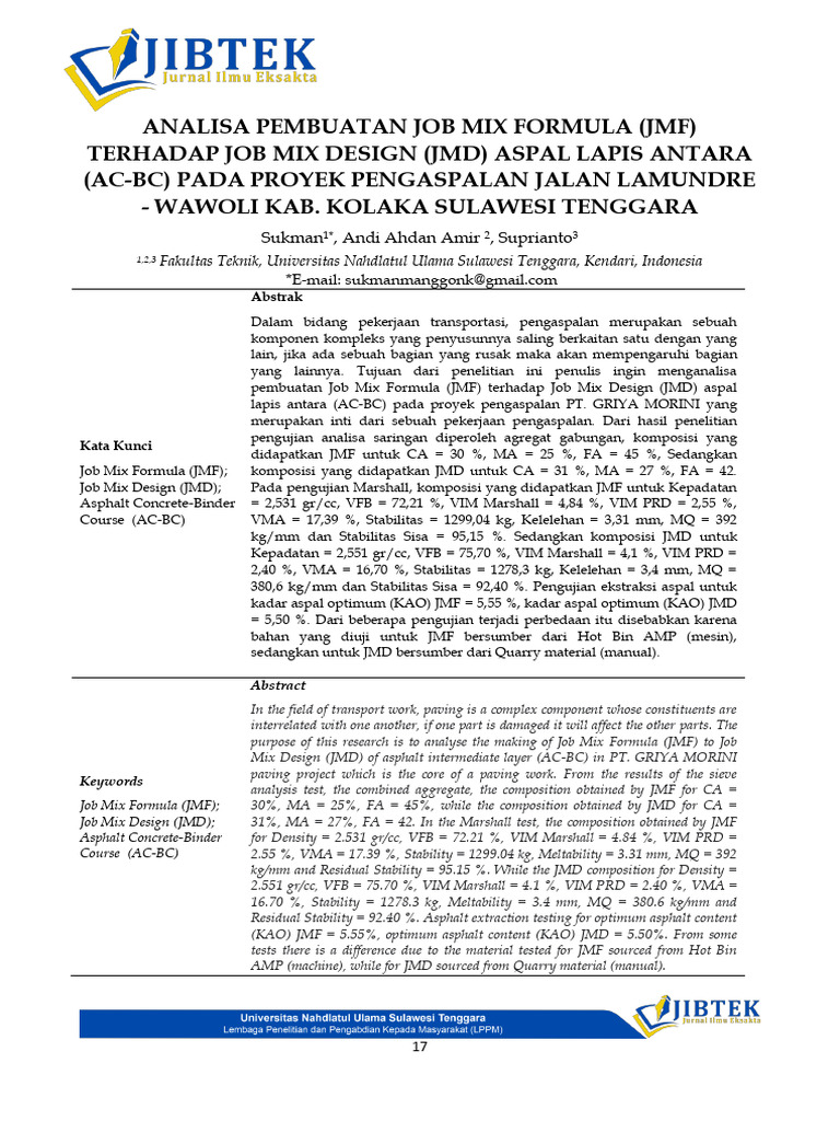 Analisa Pembuatan Job Mix Formula (JMF) Terhadap Job Mix Design (JMD) Aspal Lapis Antara (Ac-Bc ...